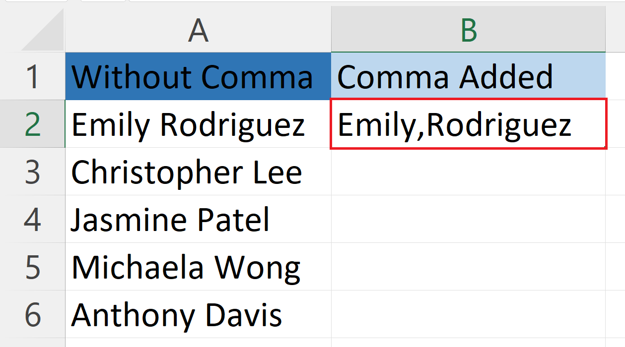 How To Add A Comma In Microsoft Excel Between Names SpreadCheaters How To Add A Comma In Microsoft Excel Between Names SpreadCheaters