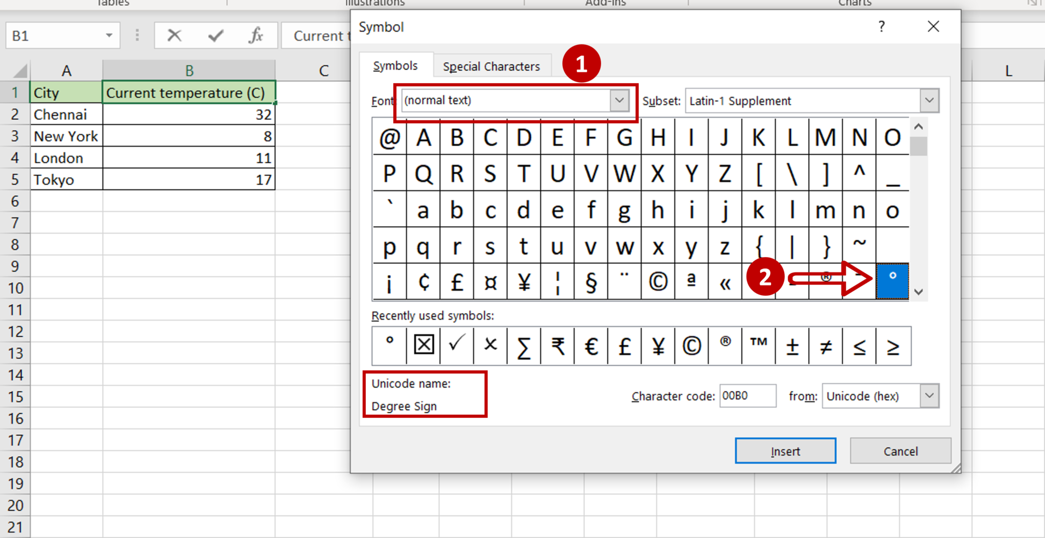 How To Add Degree Symbol In Excel | SpreadCheaters