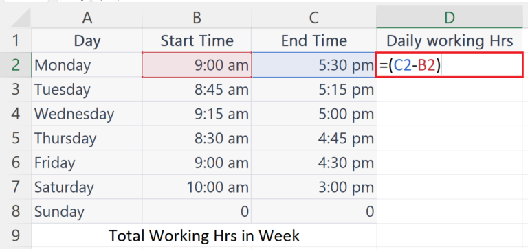 How To Calculate Total Hours Worked In A Week In Microsoft Excel ...