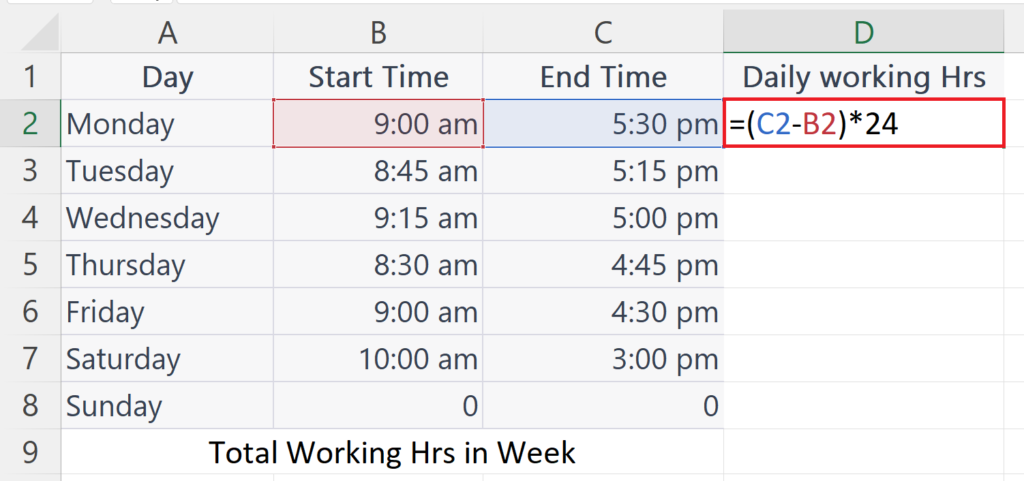 How To Calculate Total Hours Worked In A Week In Microsoft Excel ...
