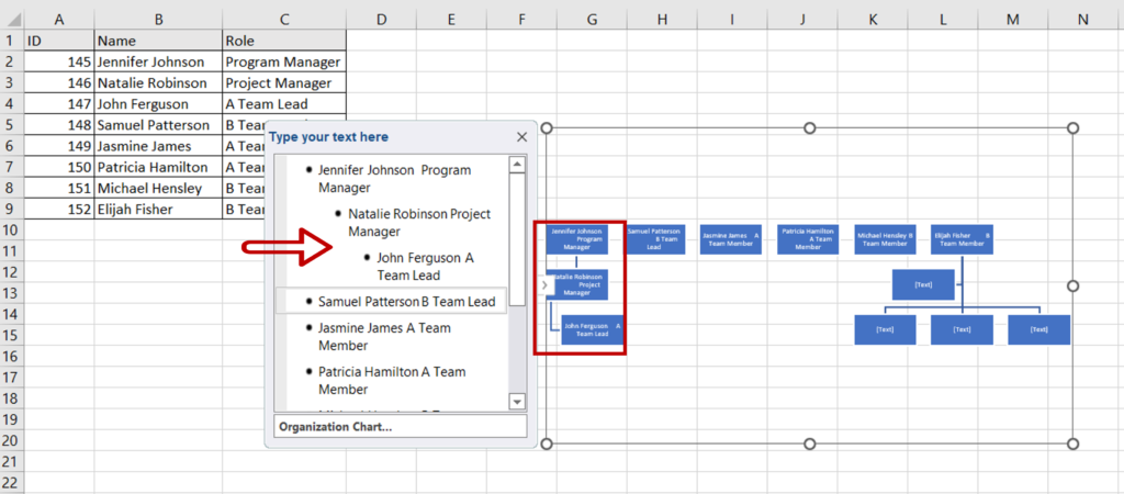 How To Create An Organizational Chart In Excel From A List | SpreadCheaters