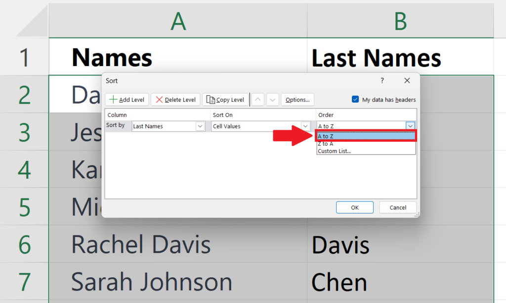 How To Sort Data By Last Names In Microsoft Excel | SpreadCheaters